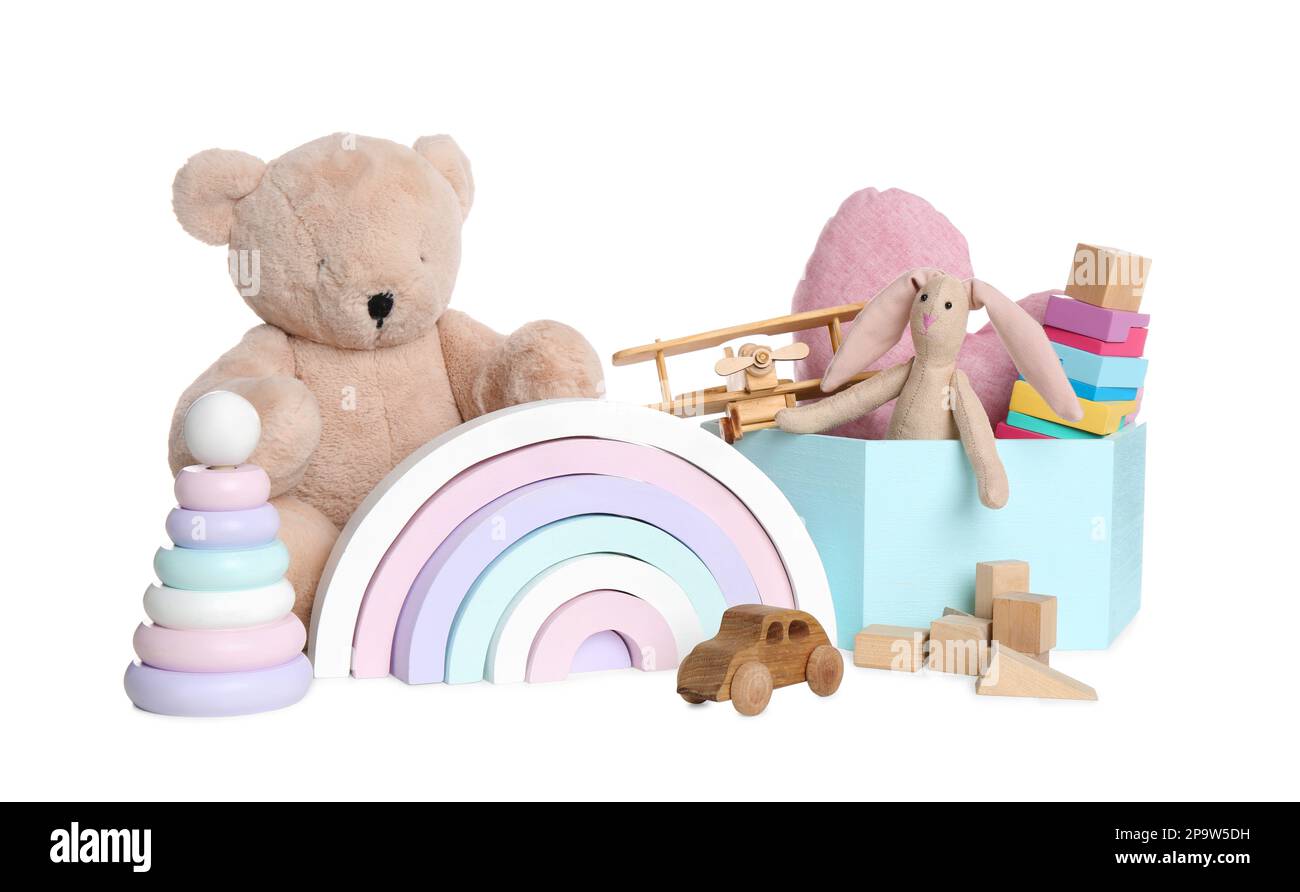 Set of different cute toys on white background Stock Photo - Alamy