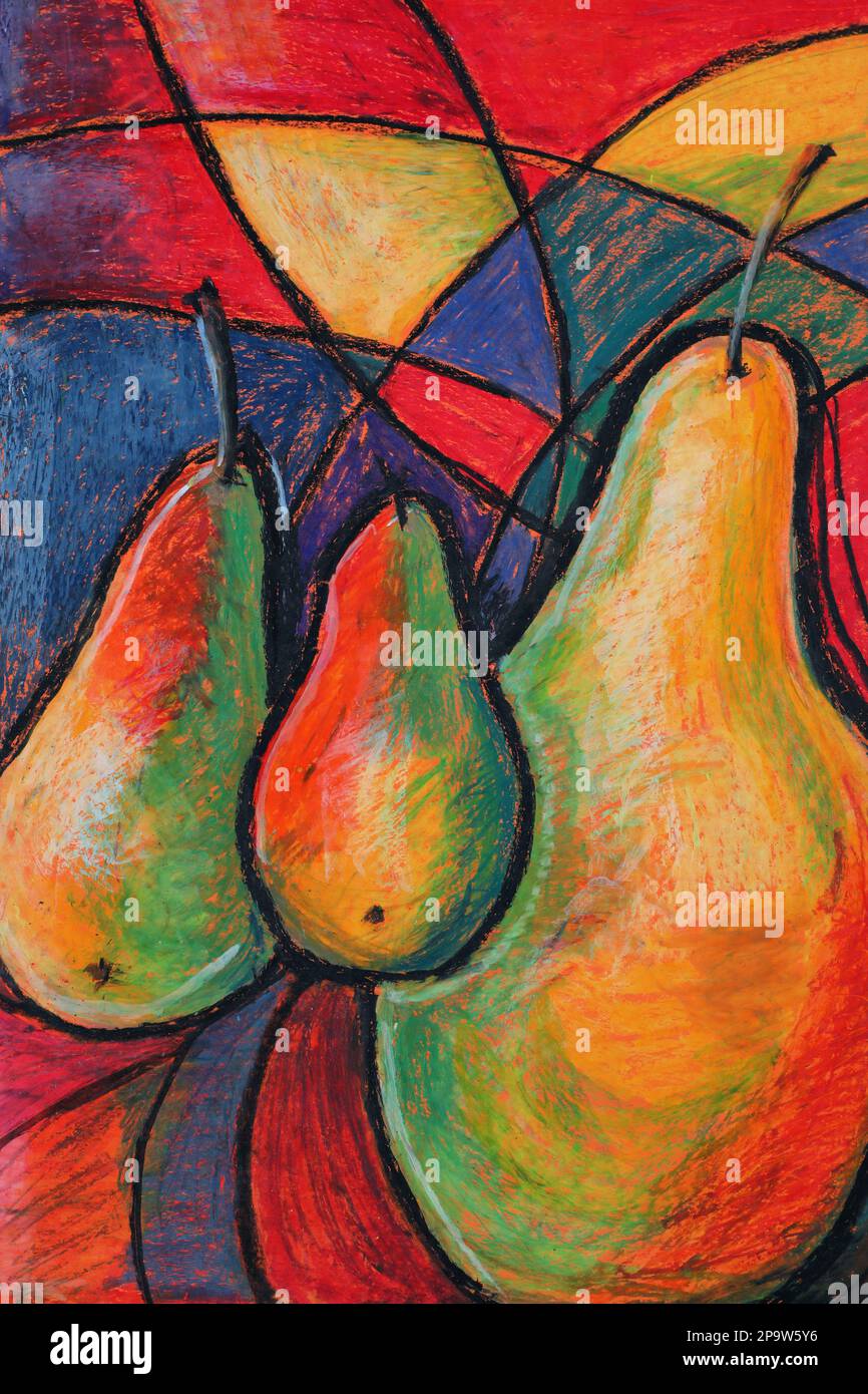 Pastel drawing of pears on colorful background Stock Photo - Alamy