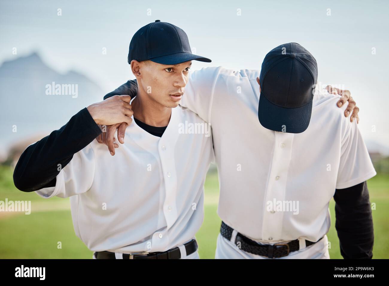 Baseball, men or sports injury help on field, grass or stadium ground ...