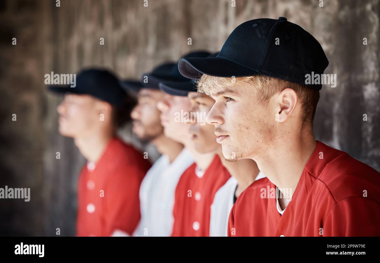 Baseball, uniform or dugout with a sports man watching his team play a ...
