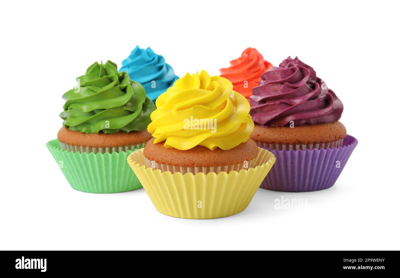 Different delicious colorful cupcakes on white background Stock Photo ...