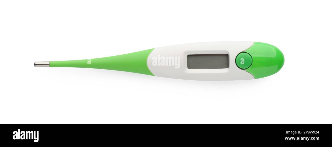 Modern digital thermometer isolated on white, top view. First aid item ...