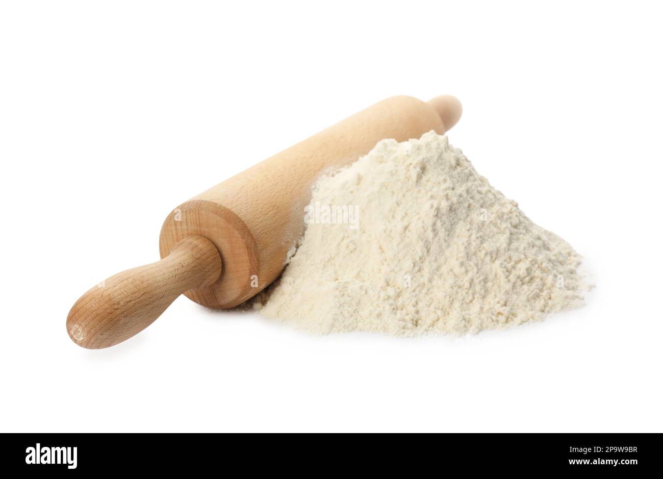 Wooden rolling pin and flour on white background Stock Photo - Alamy