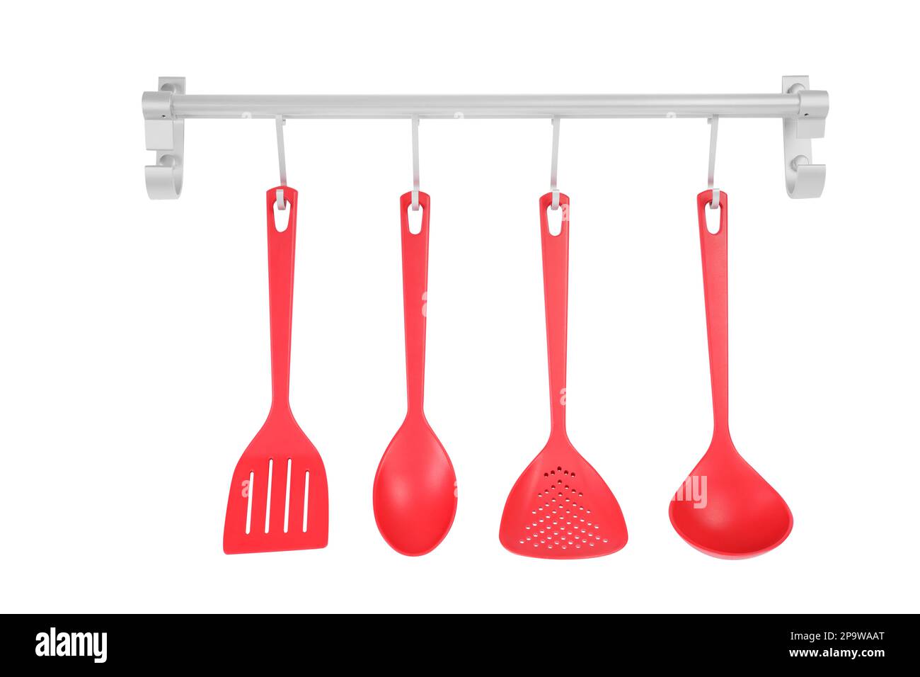Metal rack with set of red kitchen utensils on white background Stock ...