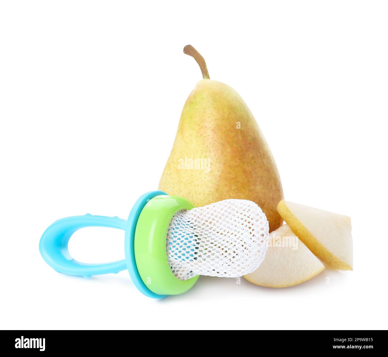 Empty nibbler and pears on white background. Baby feeder Stock Photo ...