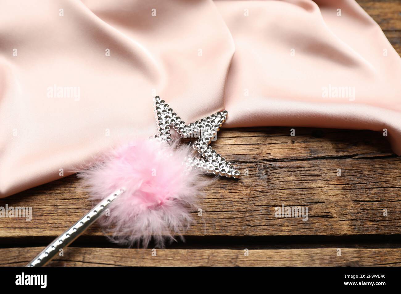 Beautiful silver magic wand with feather and pink fabric on wooden ...