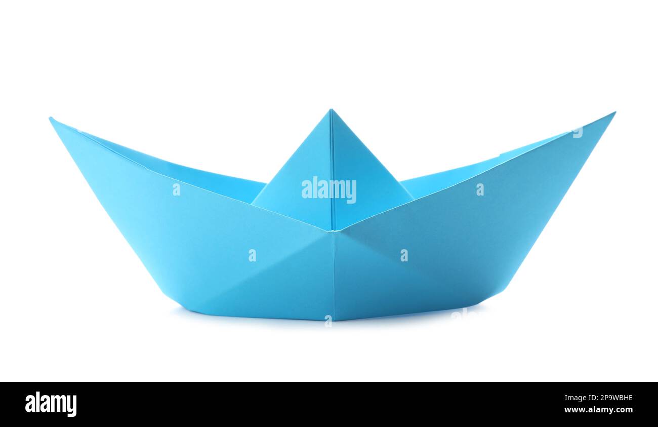 Handmade light blue paper boat isolated on white. Origami art Stock ...