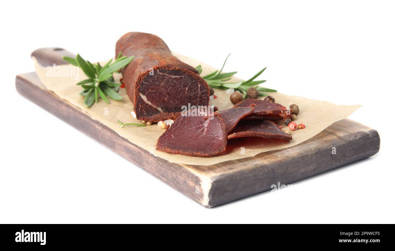 Delicious dry-cured beef basturma with rosemary and peppercorns on ...