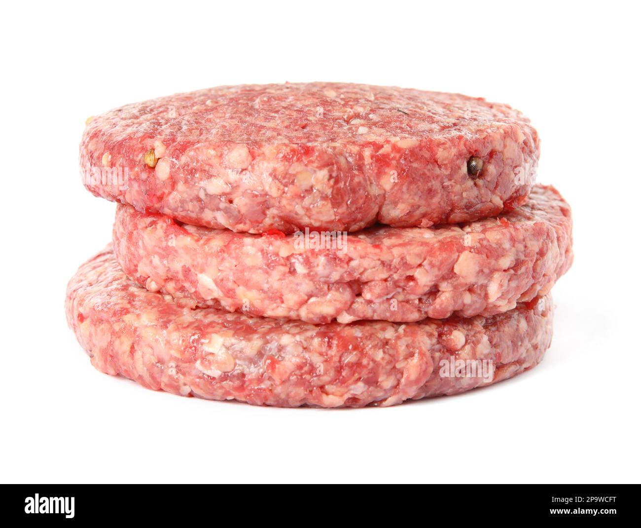 Stack of raw hamburger patties on white background, closeup Stock Photo ...