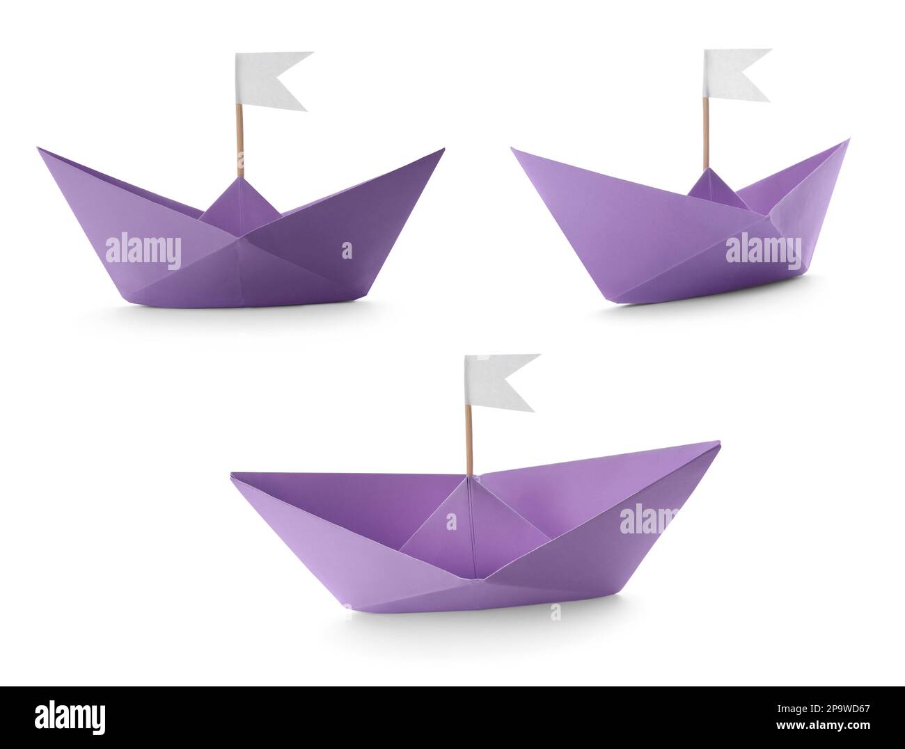 Violet paper boats with flags on white background, collage Stock Photo ...