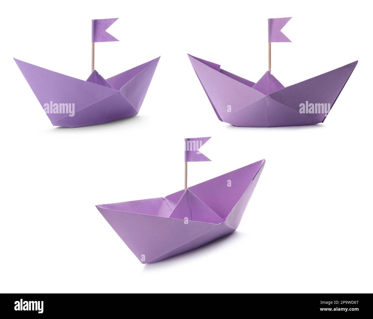 Violet paper boats with flags on white background, collage Stock Photo ...