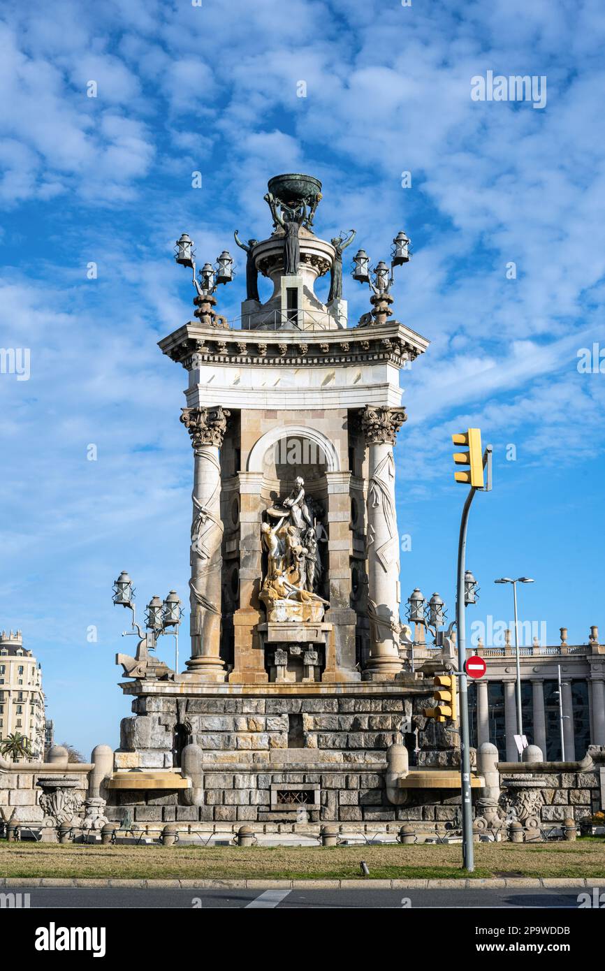 The statues and fountain at Plaza De Espana in Barcelona Stock Photo ...