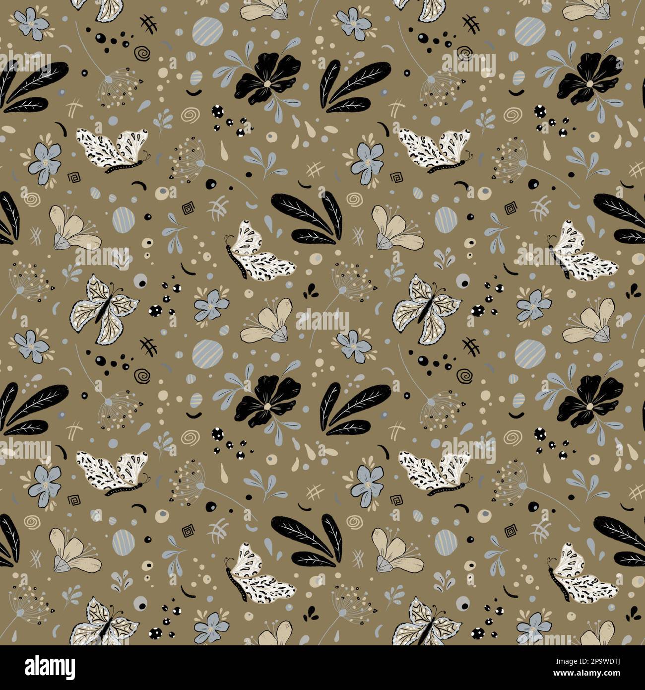 Seamless floral pattern in monochrome colors. Hand drawing of insects ...
