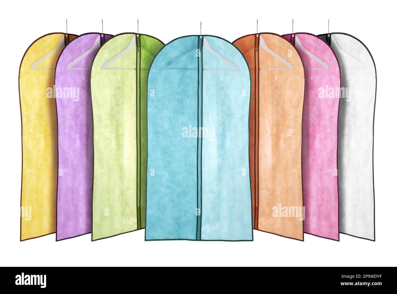 Set with different garment bags for clothes on white background Stock ...