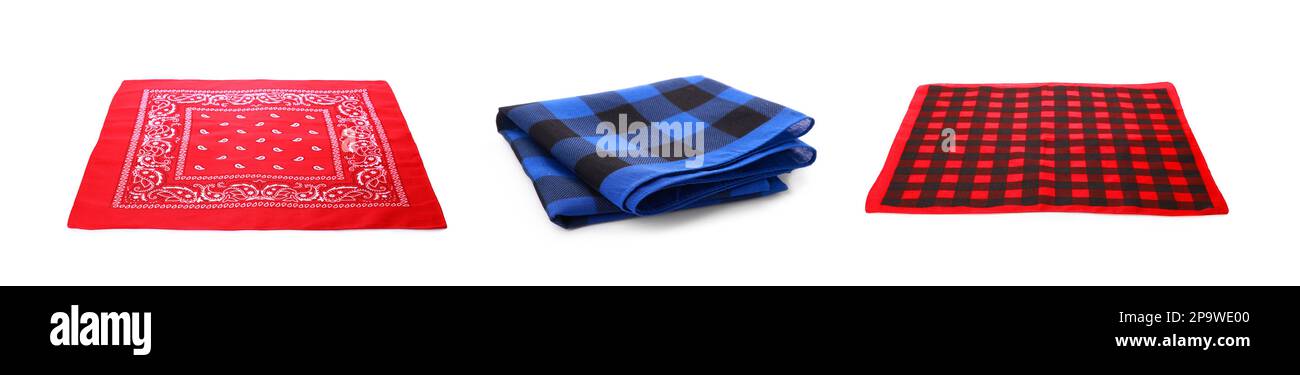 Set with different bandanas on white background. Banner design Stock ...