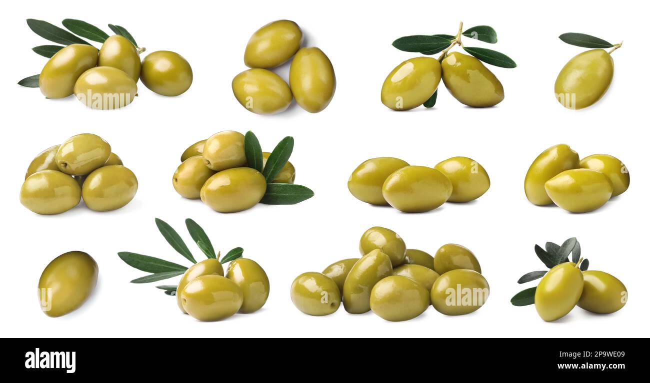 Set with fresh green olives on white background. Banner design Stock ...