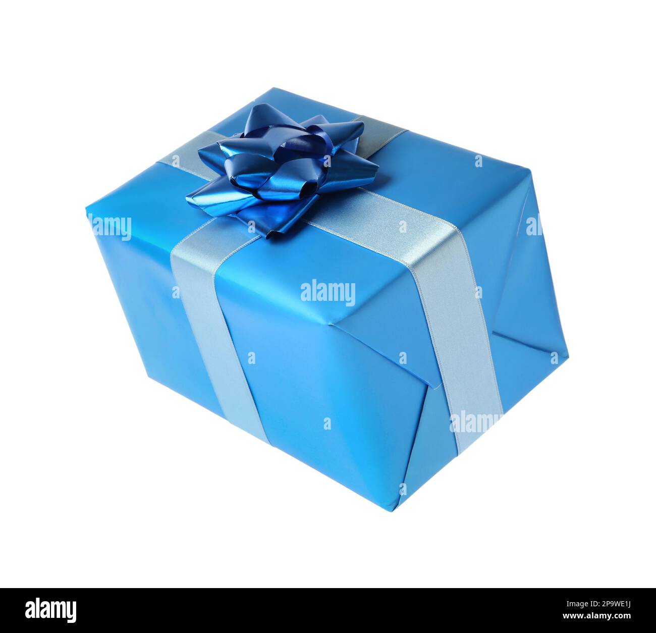 Light blue gift box with bow isolated on white Stock Photo - Alamy