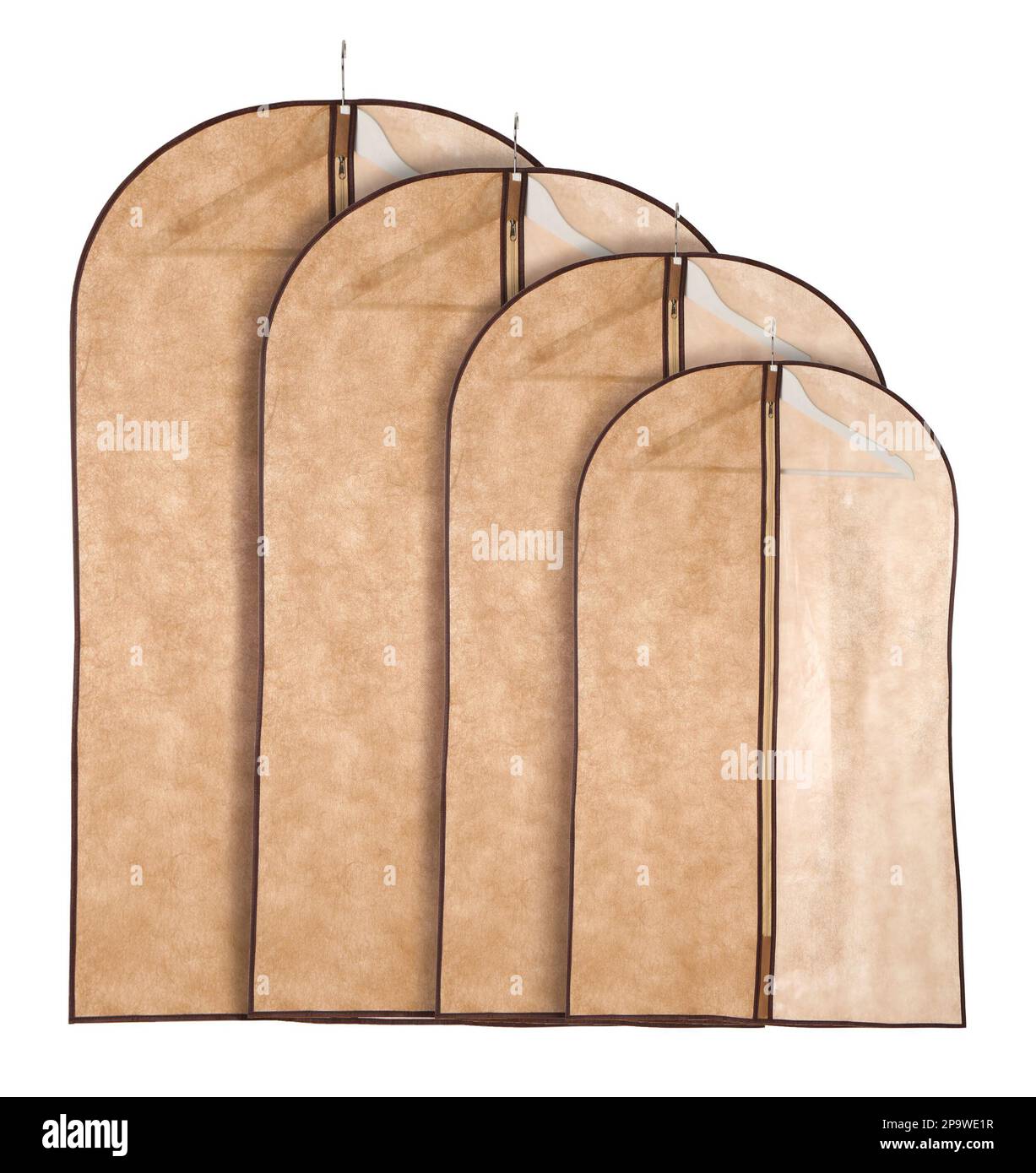 Set with garment bags for clothes on white background Stock Photo - Alamy