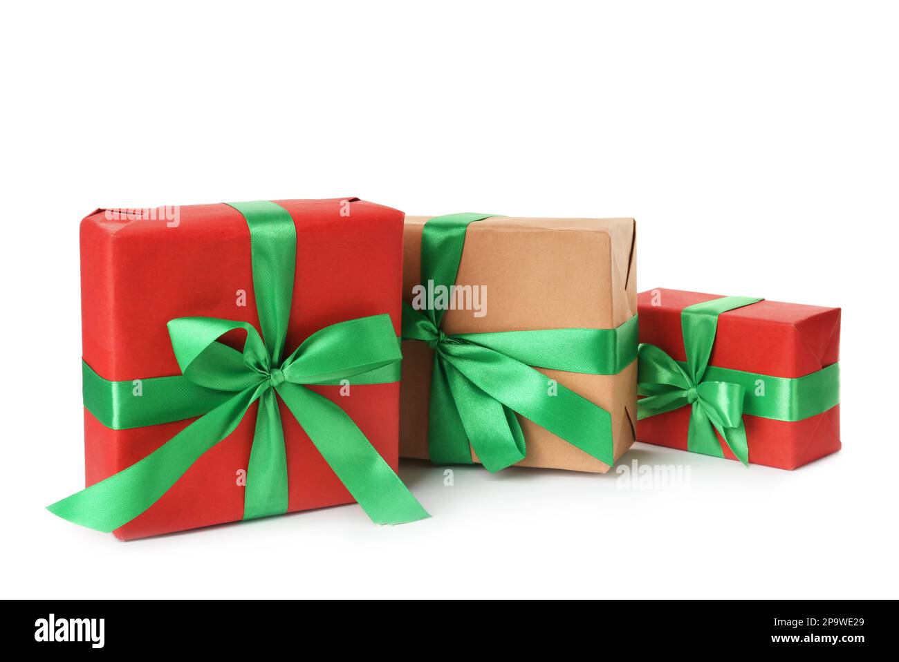 Different beautifully wrapped gift boxes on white background Stock ...