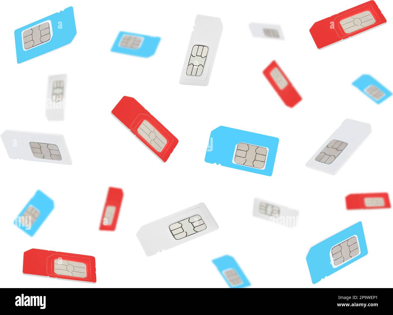 Many different SIM cards falling on white background Stock Photo - Alamy