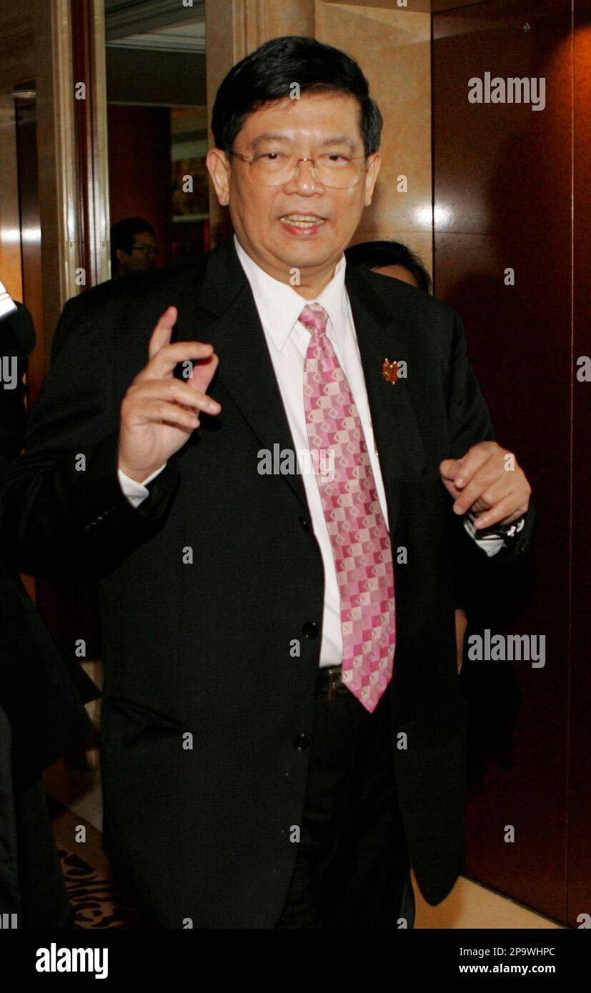 Deputy Prime Minister of Thailand Sahas Bunditkul speaks to media after a meeting Tuesday, July ...