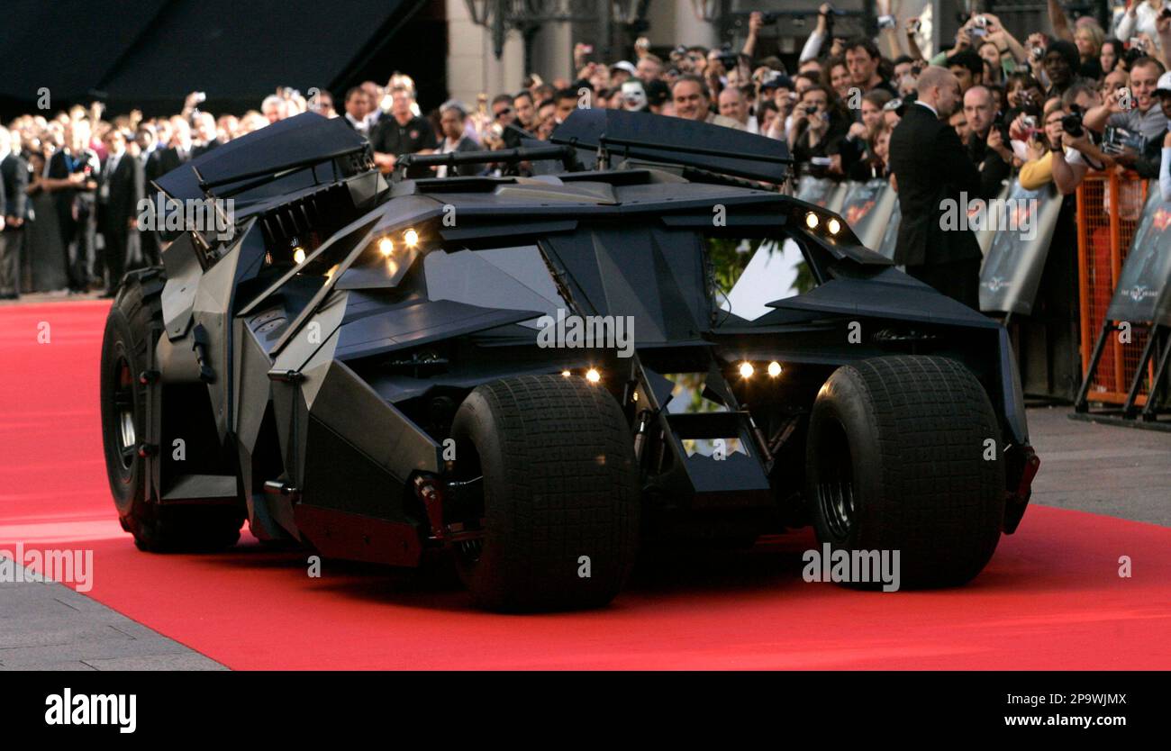 The Batmobile arrives on the red carpet at the European Premiere of The ...