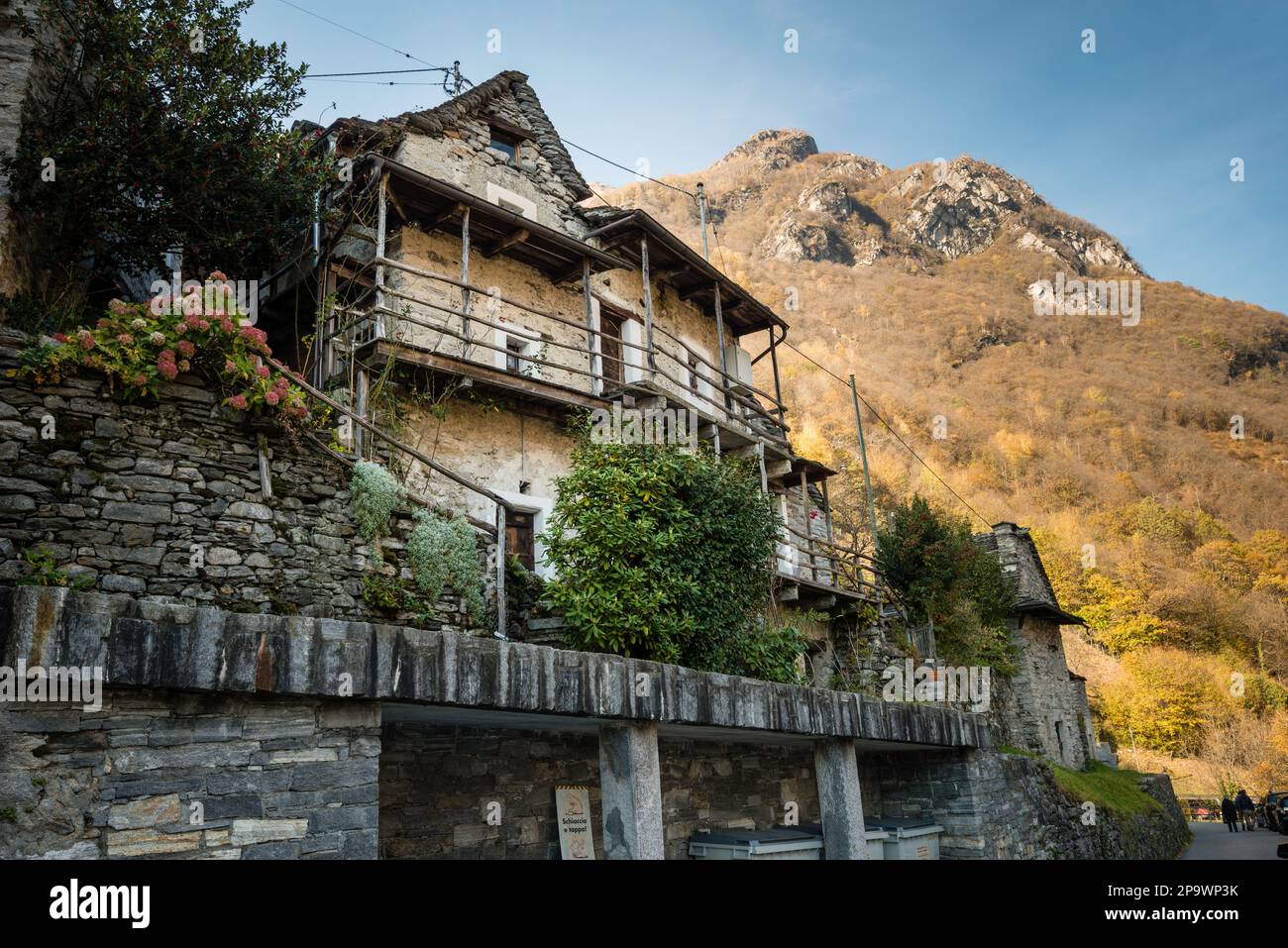 Traditional stone walled home with stone roof in the mountains of Val ...