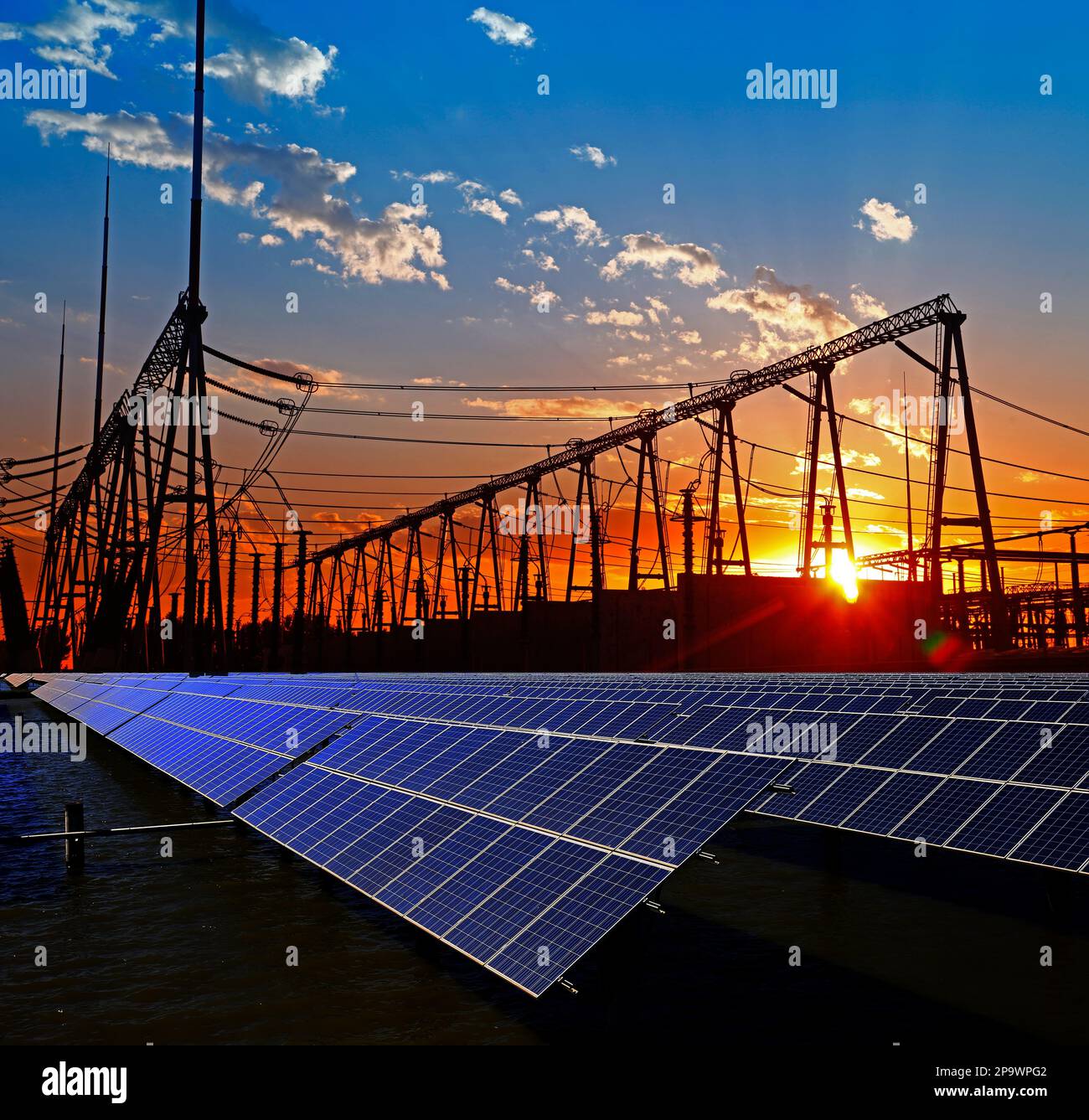 Solar panels and pylon Stock Photo - Alamy