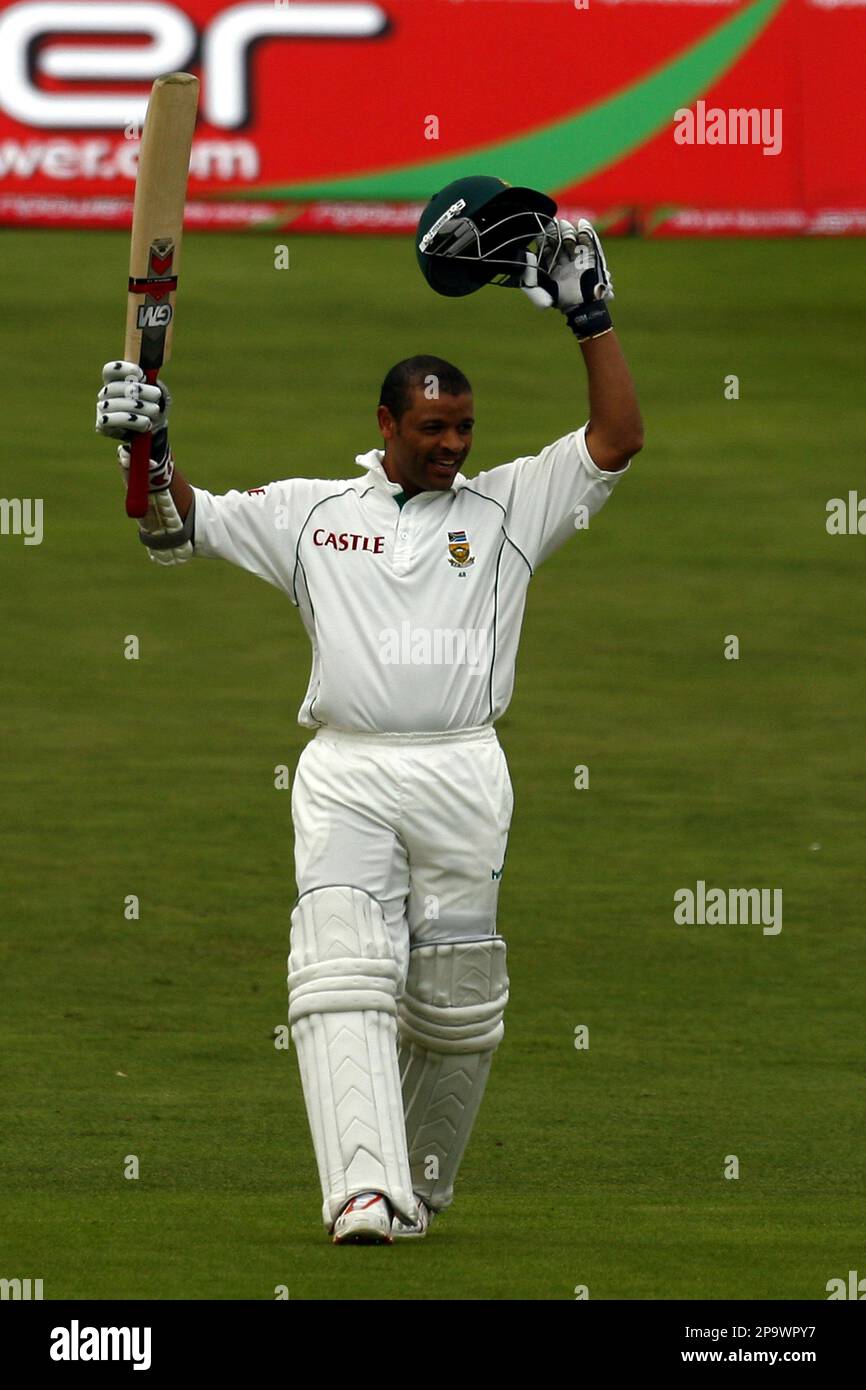 South Africa's Ashwell Prince celebrates his 100 during the second day ...