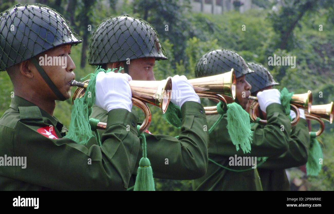 Myanmar soldiers sound bugles during Martyr's Day ceremonies Saturday ...
