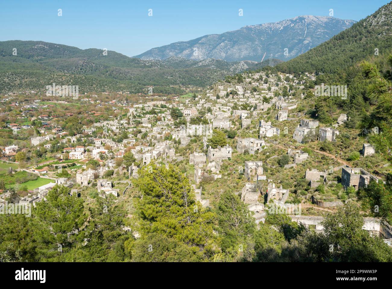 View over the Kayakoy (Levissi) abandoned village near Fethiye in Mugla ...