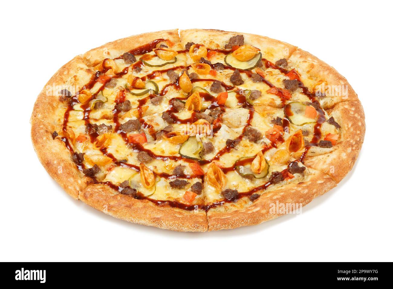 Side view on italian pizza with macaroni, beef, pickled cucumbers and ...