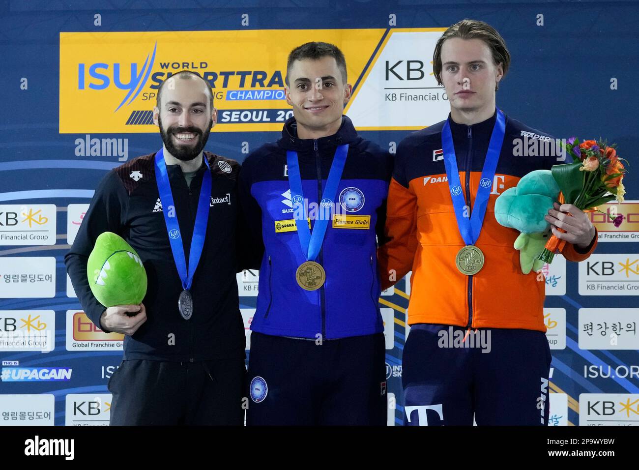 Gold medalist Pietro Sighel of Italy, center, poses with silver ...