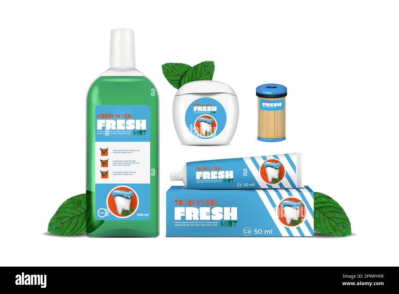 Dental care. Toothpaste tube. Floss and toothpicks. Packages for tooth ...