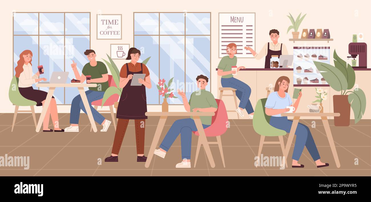 Barista works in coffee cafe, people drink. Persons with laptop ...