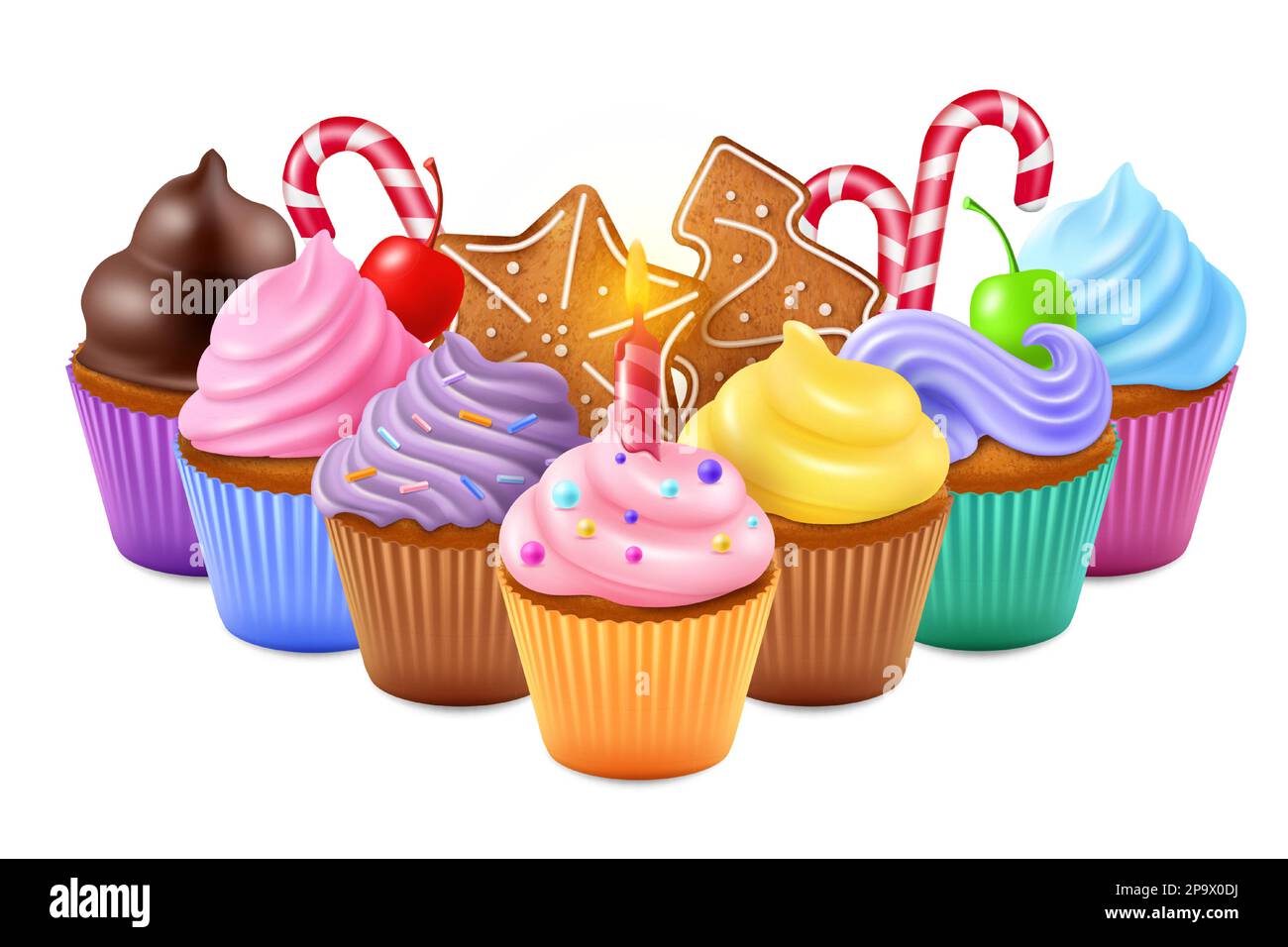 3d christmas cupcakes, dessert cups. Sweet birthday candle, bakery food ...