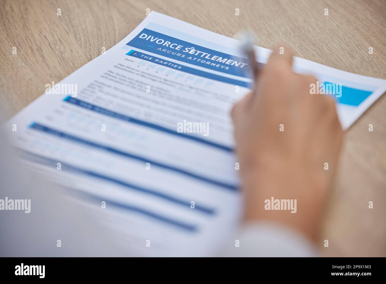 Divorce paperwork, woman hands and signature for agreement, contract ...