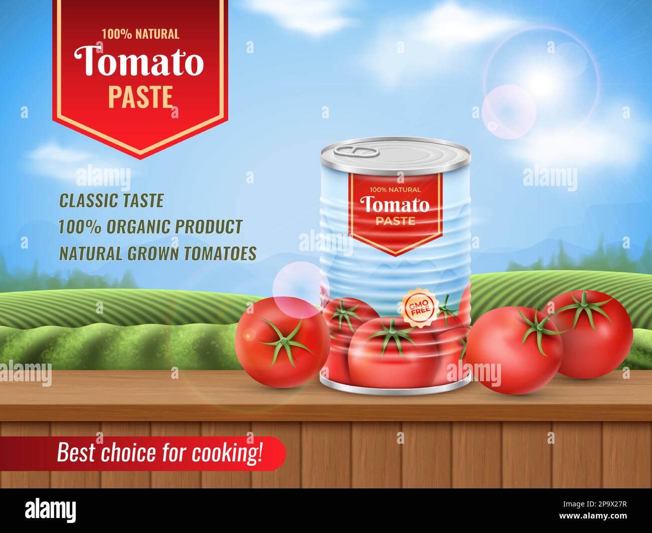 Tin tomato can, chicha sauce, red vegetables. Ad with field and blue ...