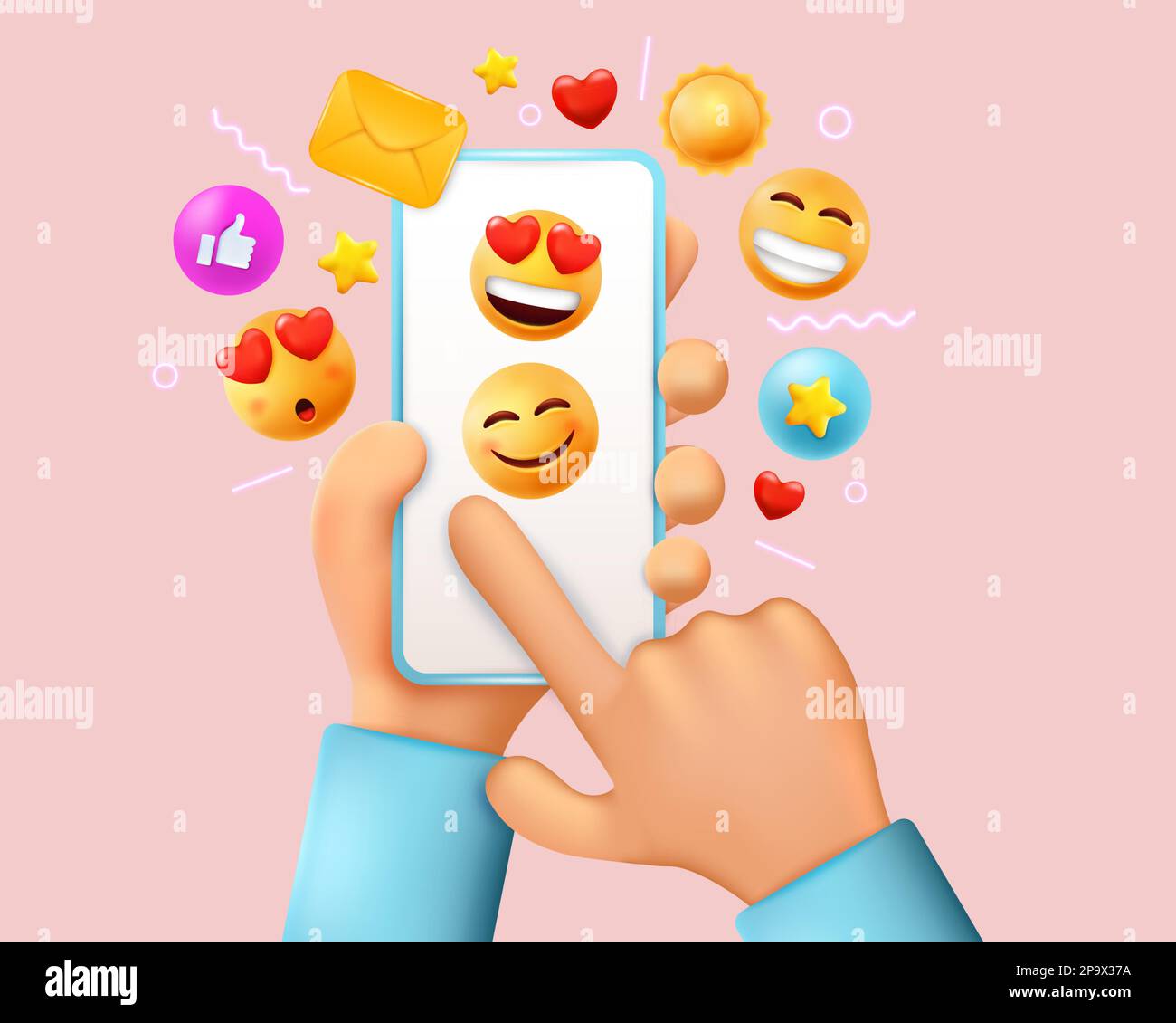 3d hand hold smartphone, device screen with emoji icons, glossy render ...