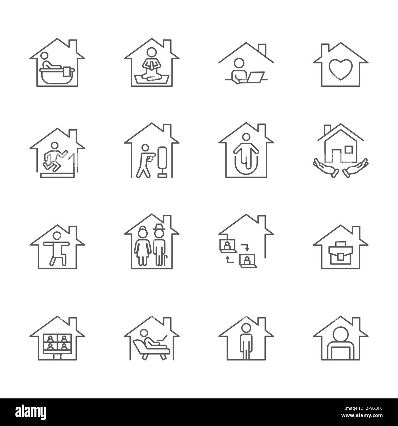 Stay home. Family house icons. Linear patria casa. Social isolation at ...