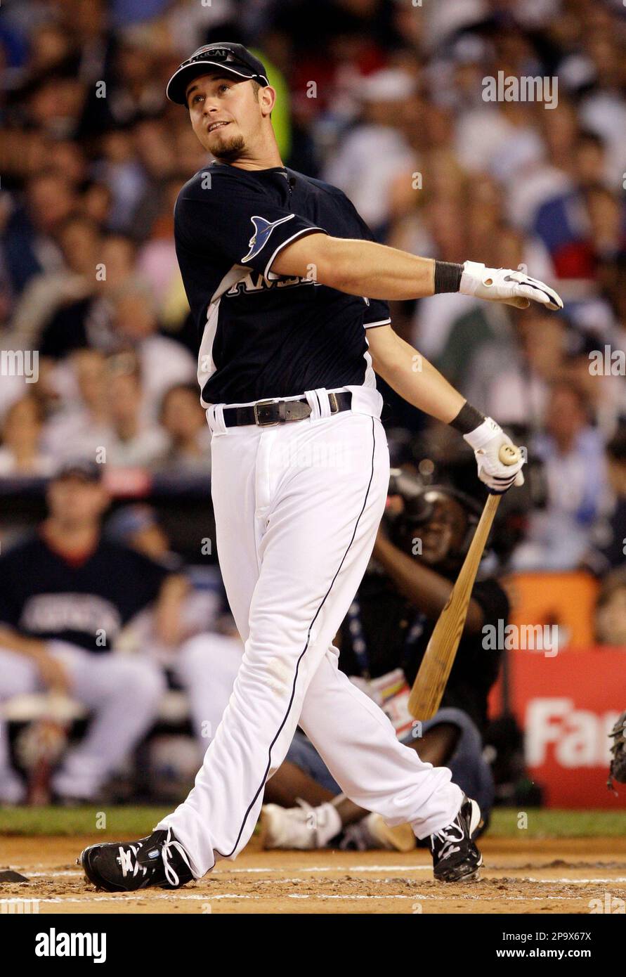 Tampa Bay Rays' Evan Longoria watches the flight of his ball at the ...
