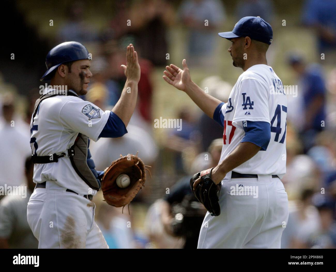 Los Angeles Dodgers pitcher Cory Wade, right, and catcher Russell ...
