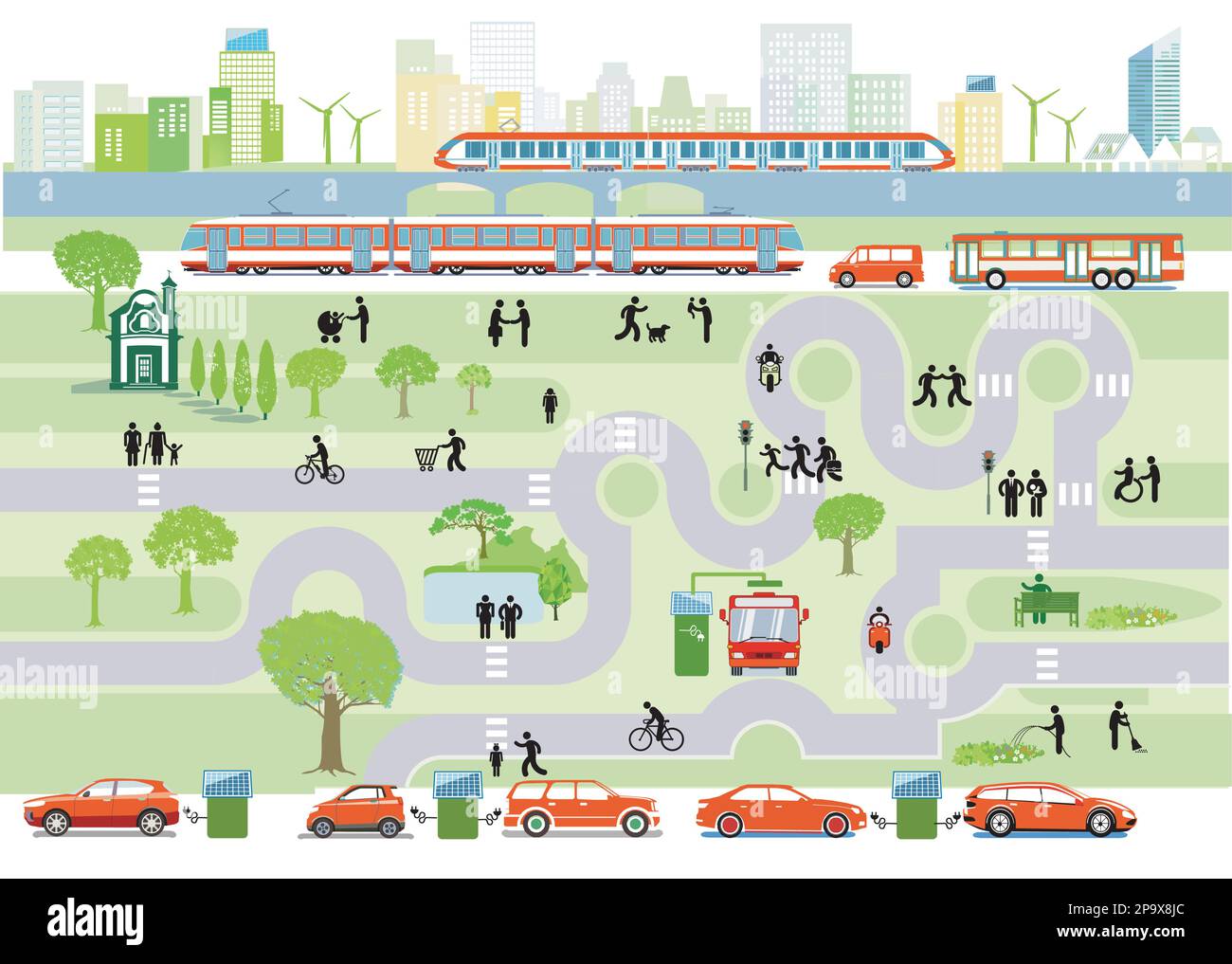 City with traffic, park and houses panorama, information illustration ...