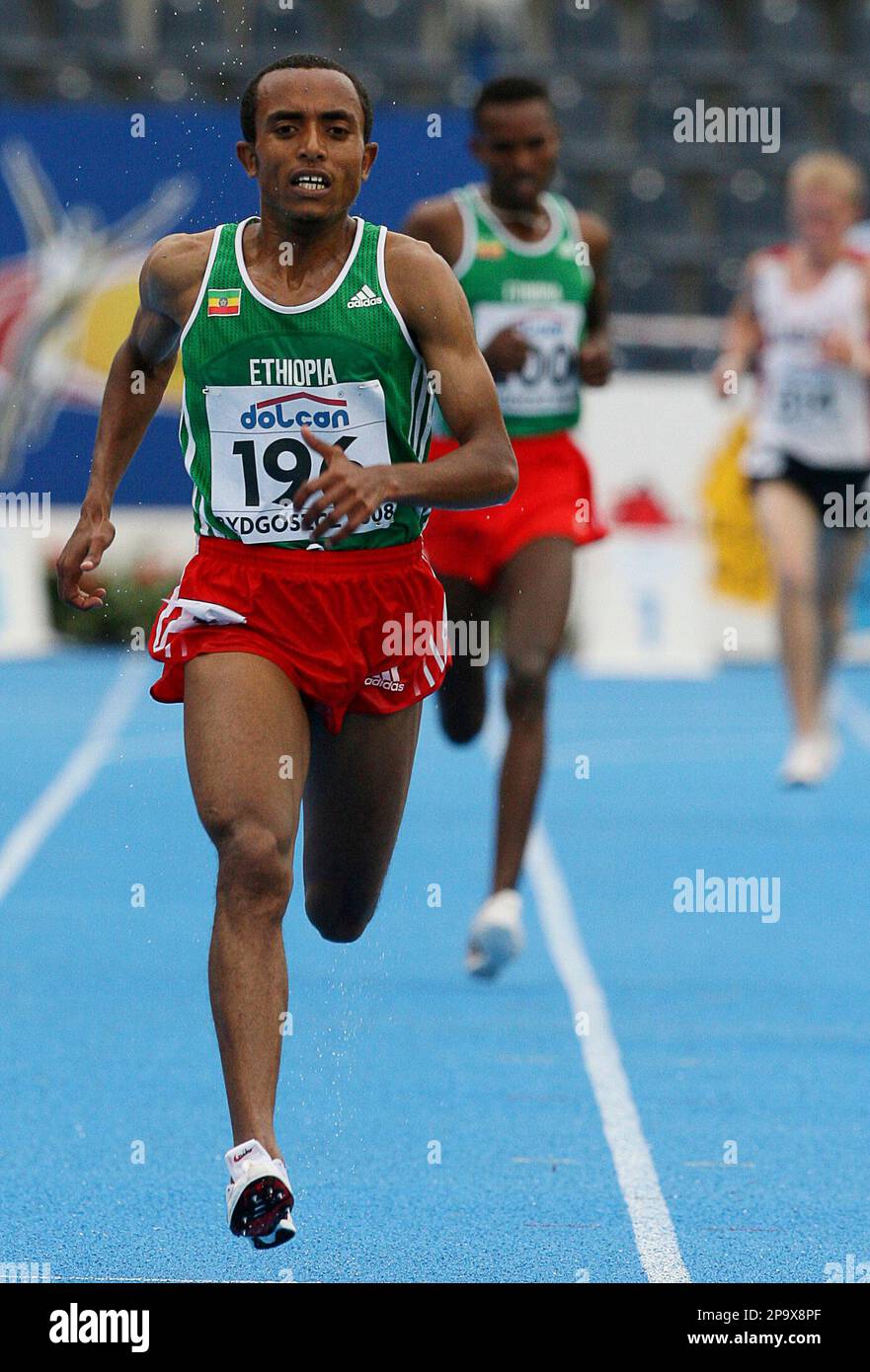 Abreham Cherkos from Ethiopia , finishing first in the 5,000 meter ...