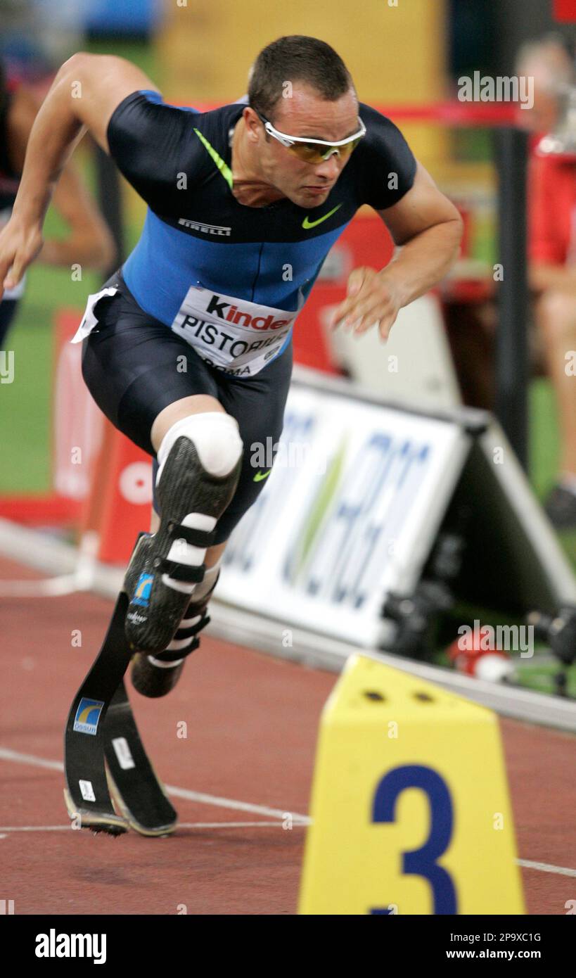 South Africa's double-amputee sprinter Oscar Pistorius runs during the ...