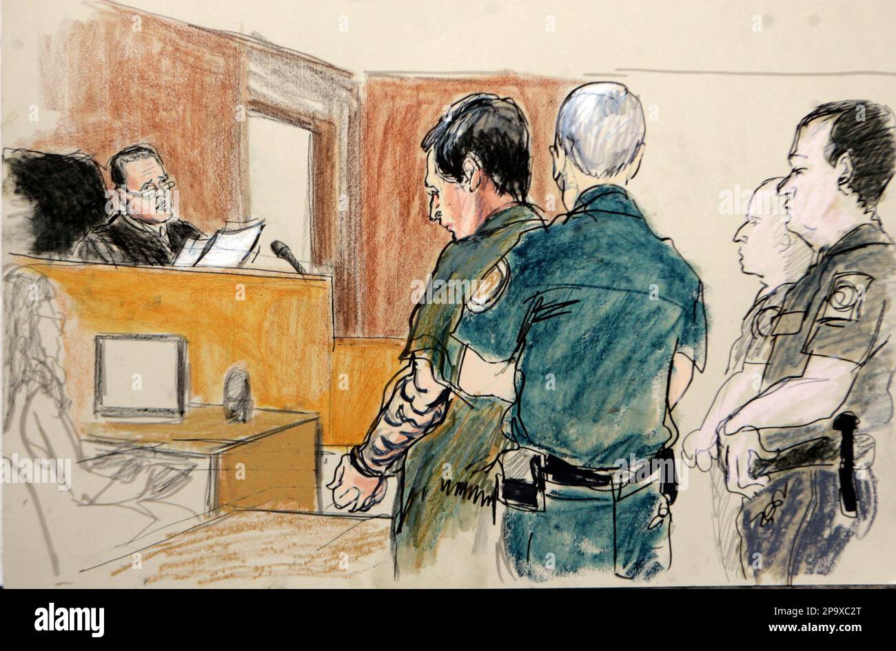 In an artists rendering, Adam Gault stands before Judge David Gold in ...