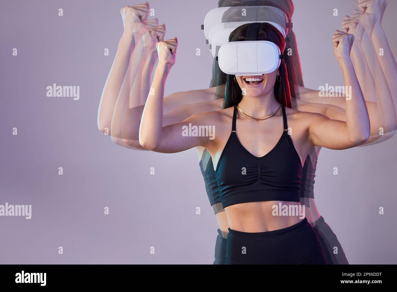 Success, vr winner or happy woman in metaverse on studio background ...