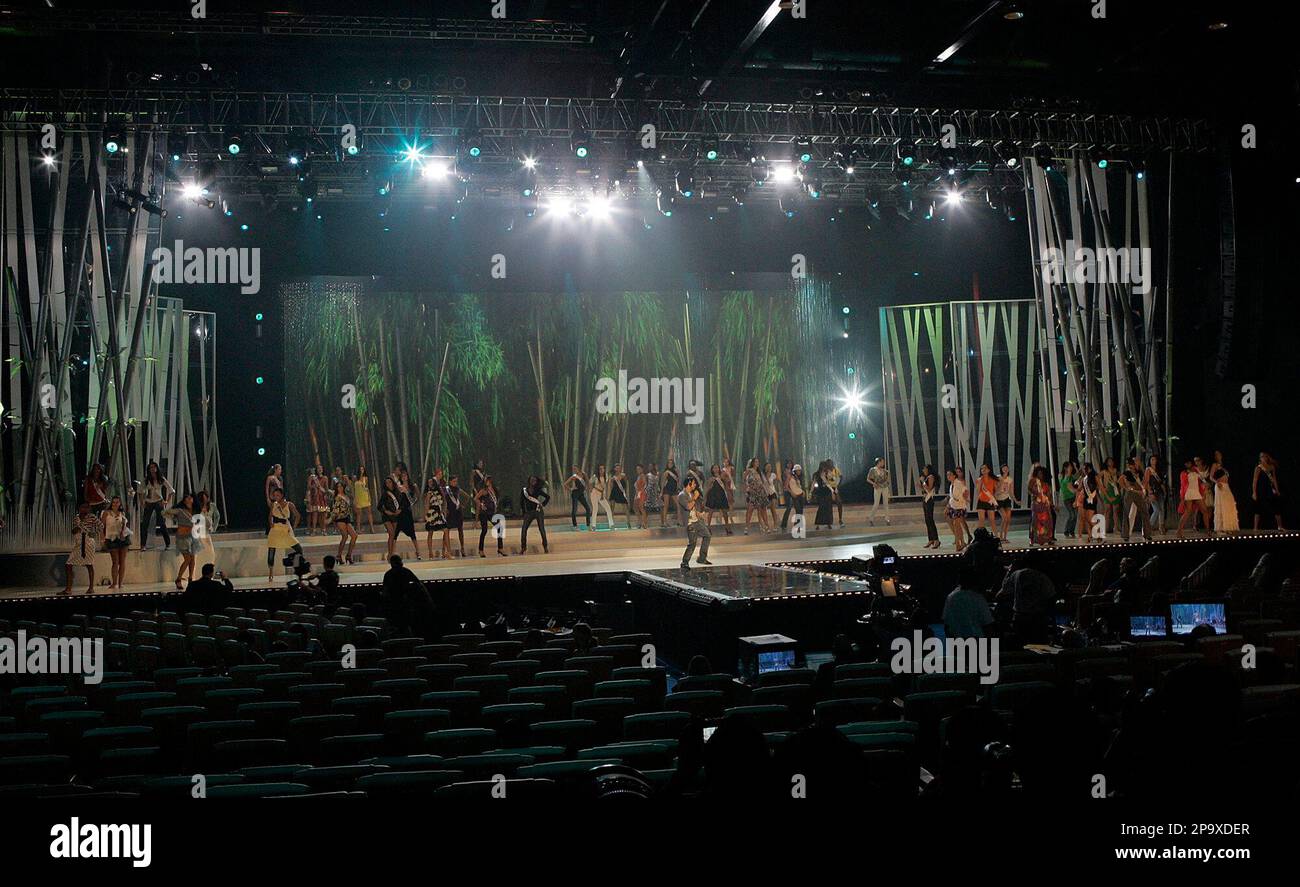Miss Universe 2008 contestants are seen during a stage rehearsal in Nha ...