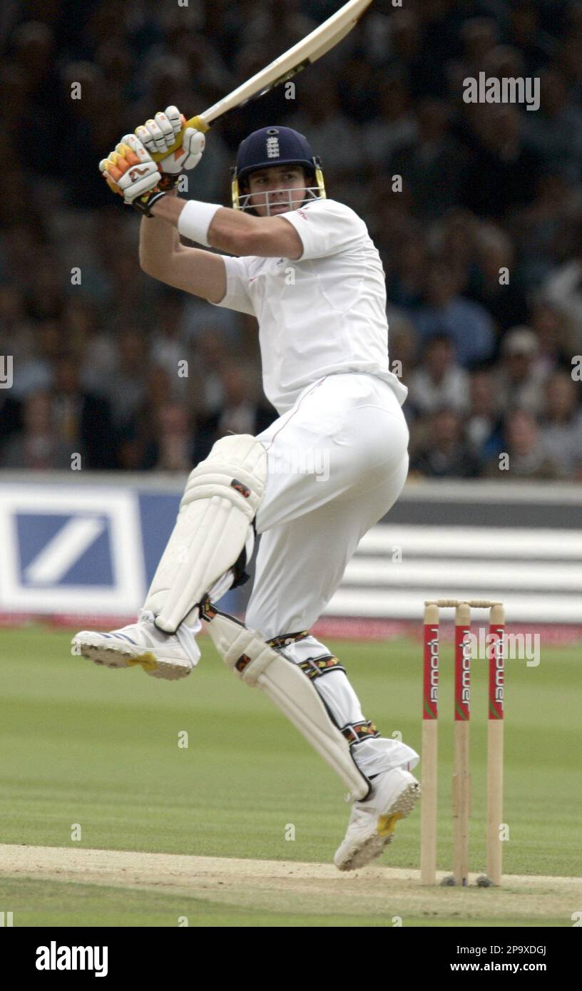 England's Kevin Pietersen hits a ball from South Africa's Dale Steyn ...