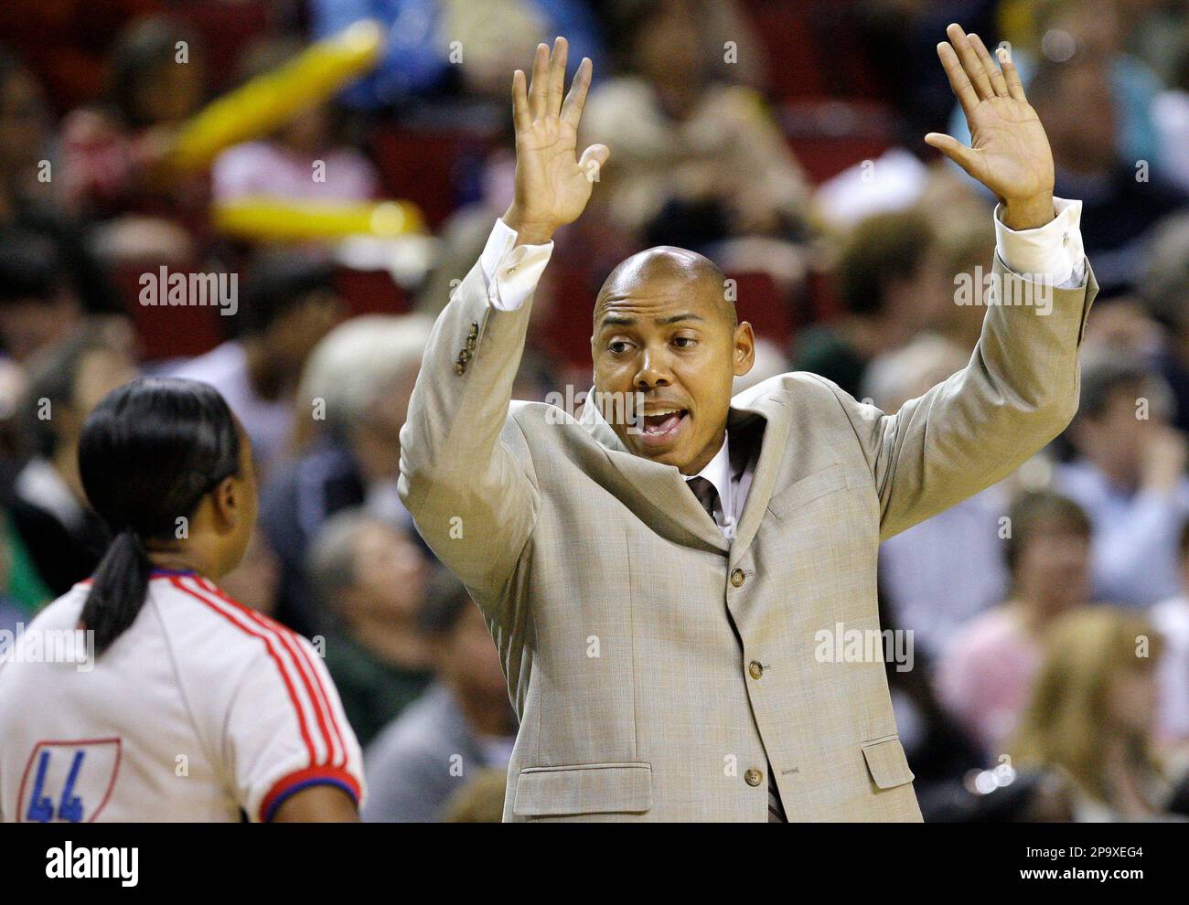 Phoenix Mercury coach Corey Gaines motions to an official during a WNBA ...